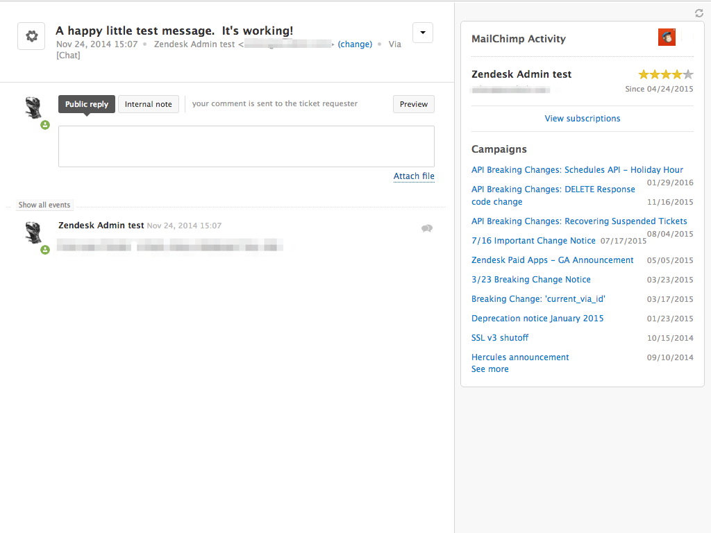 Mailchimp Activity App Integration with Zendesk Support
